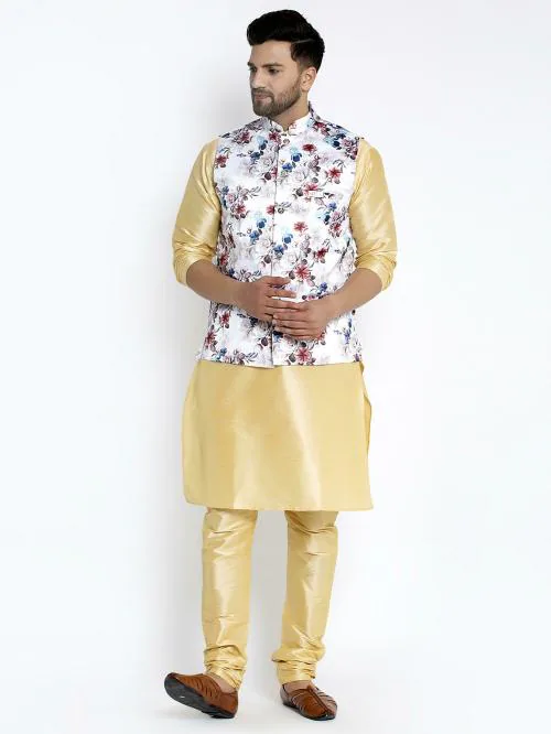 Buy Benstoke Men's Silk Blend Gold Kurta With Pyjama & White Printed ...