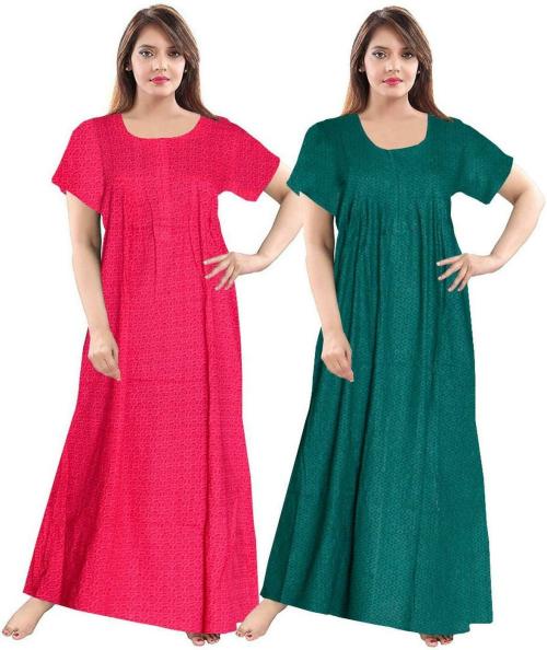 Buy Mudrika Women Pink and Green Printed Pure Cotton Pack of 2 Nighty ...