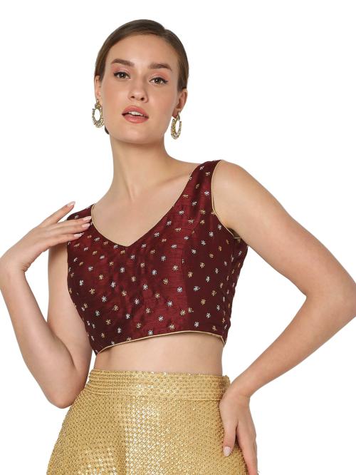 Buy Salwar Studio Women's Maroon Raw Silk Embroidered Readymade Saree Blouse Online at Best ...