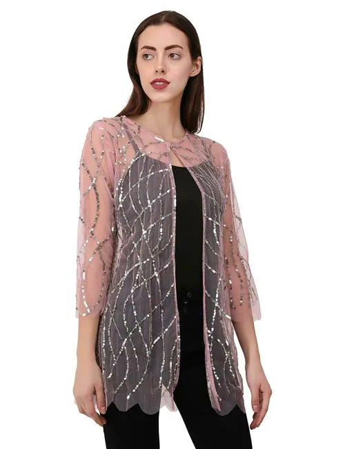 Buy UNFAKENOW Women Pink Embellished Net Shrug (XL) Online at Best ...