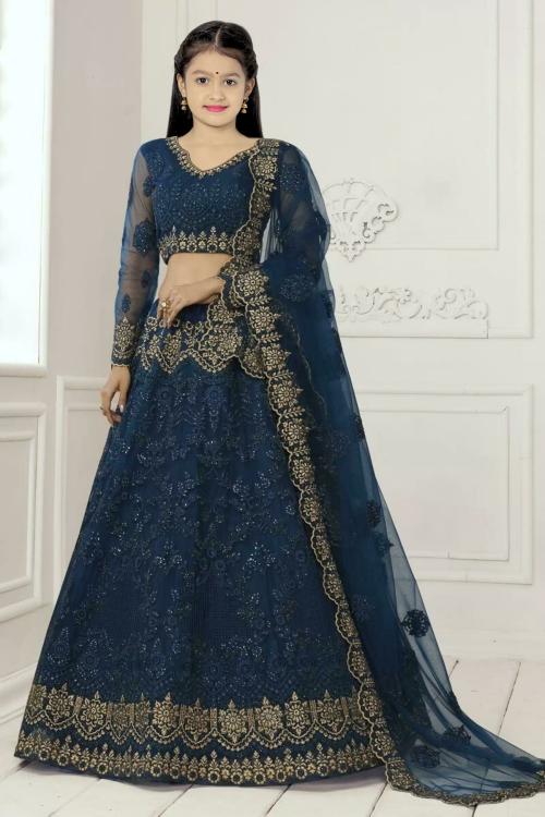 Buy Piludi Girls Blue Embroidered Net Silk Lehenga & Choli Online at ...