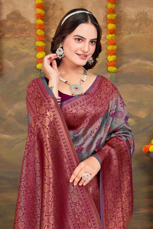 Buy Om Shantam sarees Morpich Magenta Woven Design Kanjivaram Banarasi ...