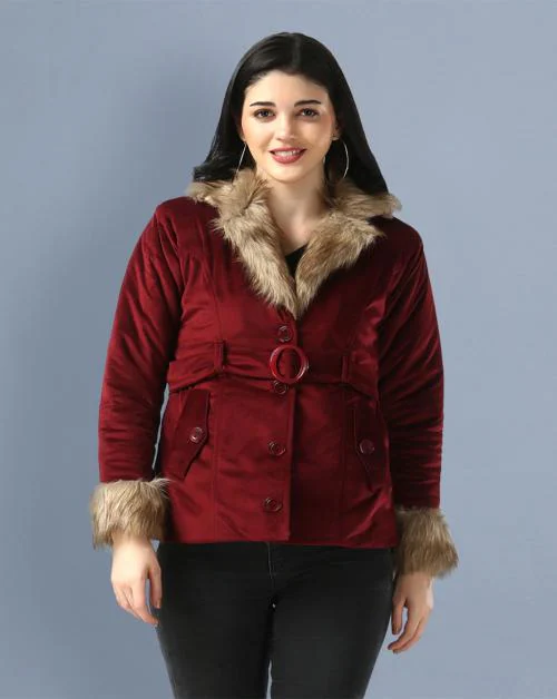 Buy BuyNewTrend Women Maroon Velvet Winter Jacket Online at Best Prices ...