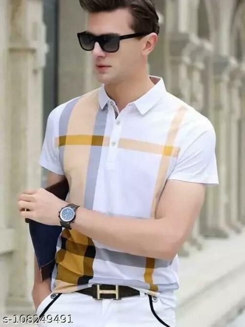 Buy EMERALD APPAREL TRADING Checkered Men Polo Neck White T-Shirt ...