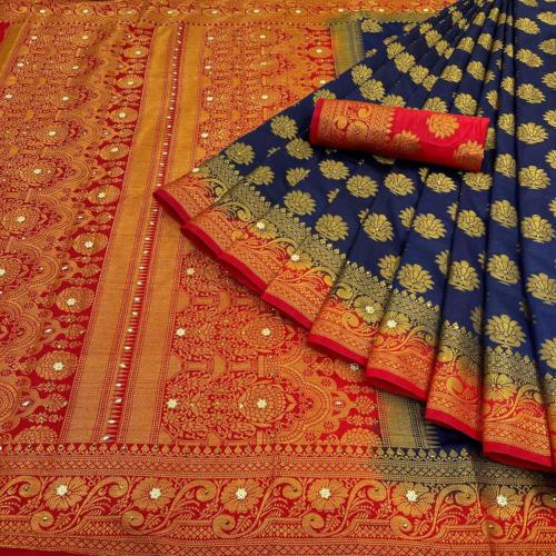 Buy Mansh the stylo..Women Red, Dark Blue Striped Jacquard Kanjivaram ...