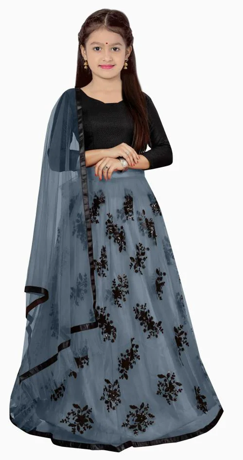 Buy Piludi Girls Grey Embroidered Art Silk Lehenga & Choli | Girls ...