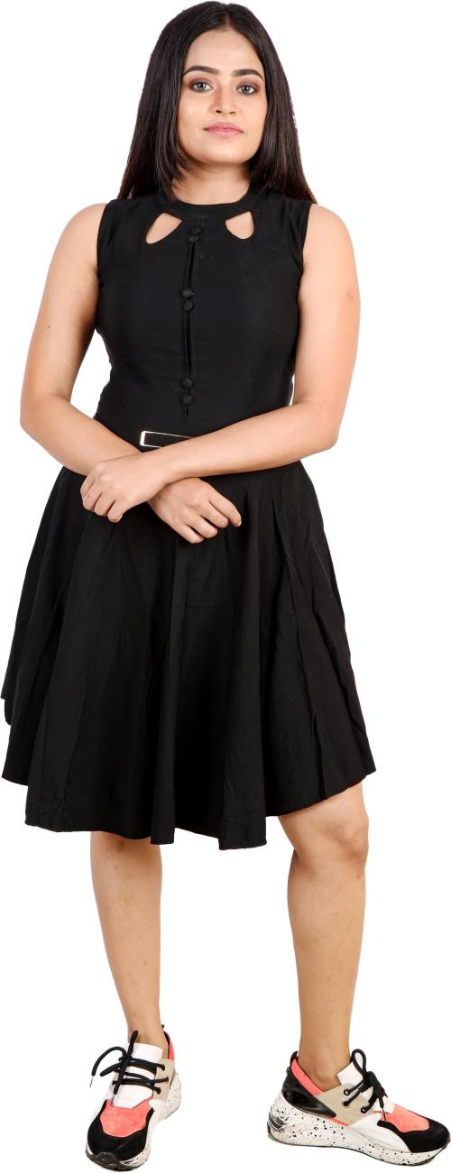 Buy MUDRI Women A-Line Black Dress Online at Best Prices in India ...