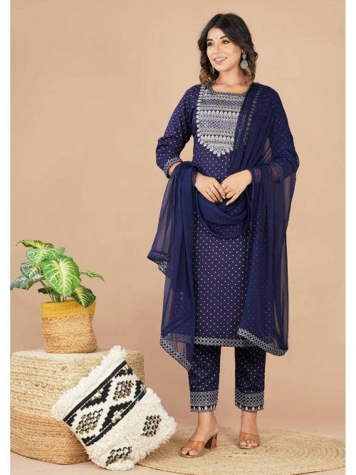 Buy Shreehit Women Dark Blue Embroidered Viscose Rayon Kurta and ...