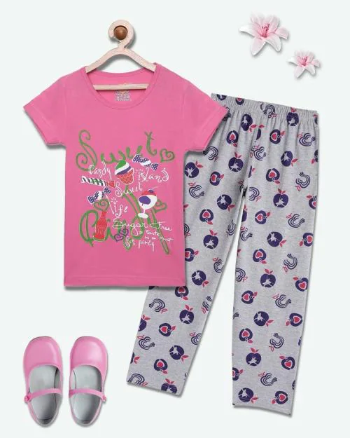 Buy SINI MINI Half Sleeve Pink Girls Casual Pack of 2 Nightsuit Online ...