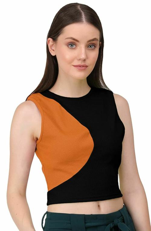 Buy AD2CART A1625 Women's BLK_ORG Stretchy Block Ribbed Crop Top Online ...