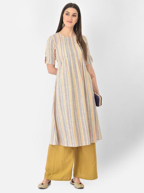 Buy Span Women Beige Striped Pure Cotton Straight Kurta - Nd820 Online ...