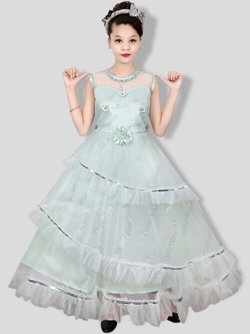 Buy VIVEK NET FRILL LIGHT GREENGOWN STYLISH TRENDING DRESS FOR GIRL ...