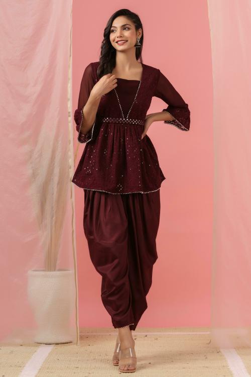 Buy Juniper Women Burgundy Georgette Embroidered Flared Clothing Set ...