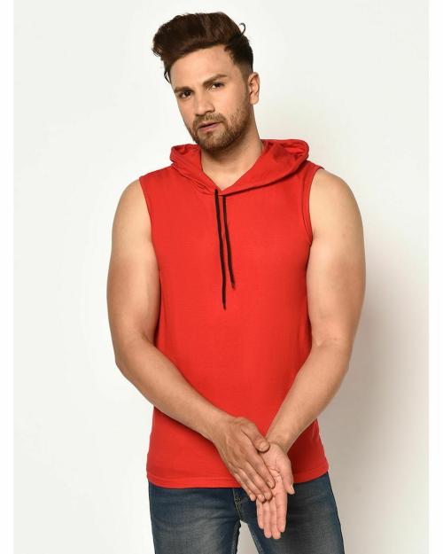 Buy Glito Solid Red Sleeveless Hoodie T-shirts For Men's Online at Best ...