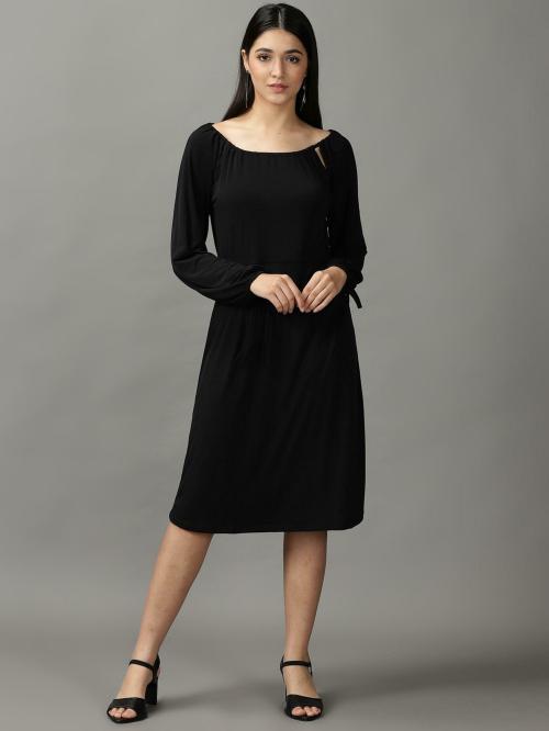 Buy SHOW OFF Women's Black Solid Polyester A-Line Dress Online at Best ...