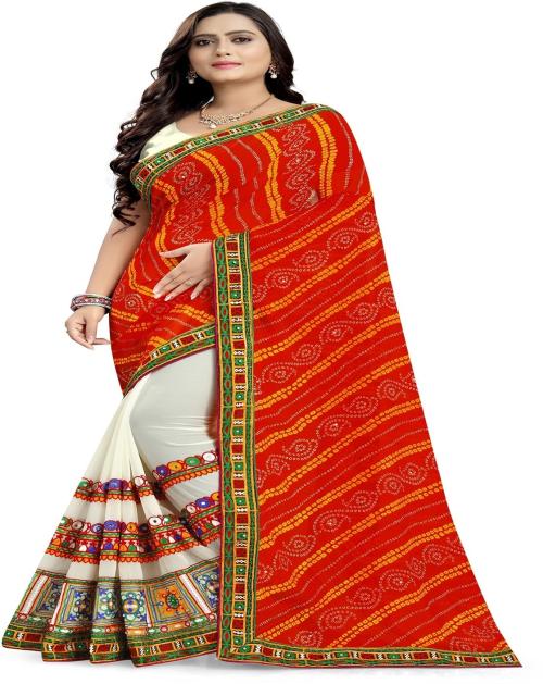 Buy KAVINDI Embroidered Bandhani Georgette Saree (Red, White) Online at ...