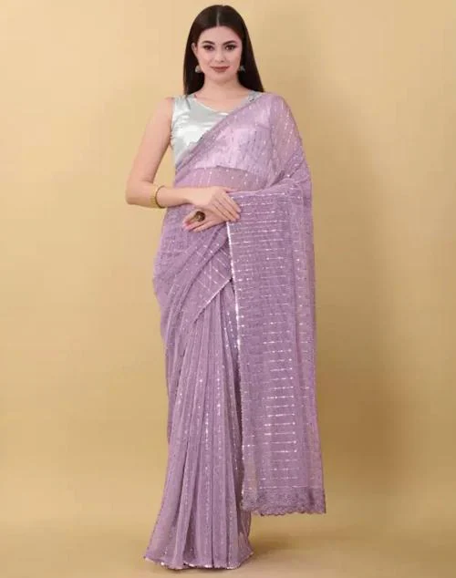 Buy Siril Lycra Blend Purple Color Saree with Blouse piece Online at ...