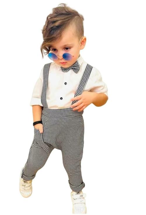 Buy Colabo Fashion Baby Boys Checkered Cotton Blend Long Sleeve Black Dungree Set With Shirt and ...