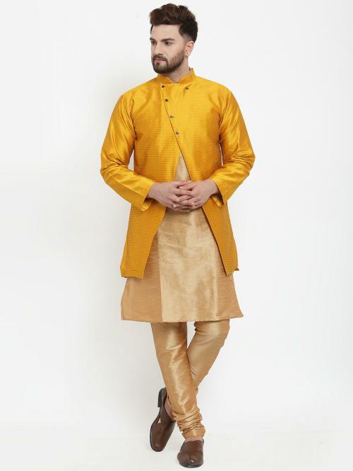 Buy Benstoke Men's Copper Kurta With Pyjama & Mustard Self Design ...