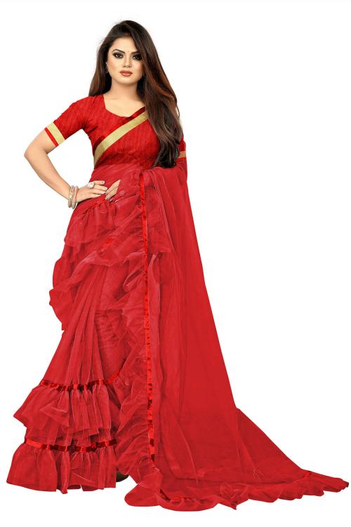 Buy Aldwych Red Designer Net Ruffle Saree Online at Best Prices in ...