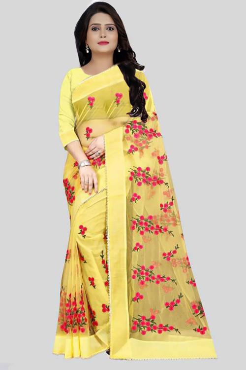 Buy N V Patel Women Yellow Embroidered Net Bollywood Saree Online at ...