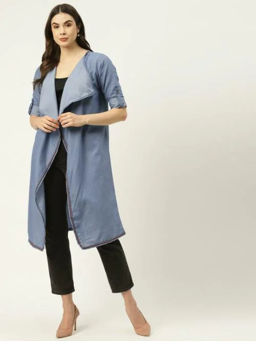 Buy UR SENSE Women Light Blue Embroidered Pure Cotton Longline Shrug ...