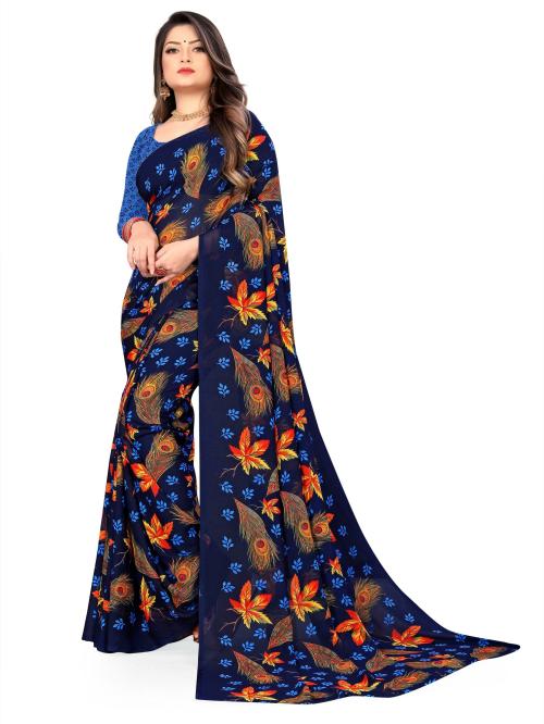 Buy Anand Women Dark Blue Floral Georgette Single Saree Online at Best ...