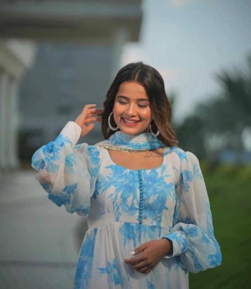 Buy Jesvi Women Light Blue and White Embroidered Georgette Anarkali Kurta and Dupatta Set - M ...