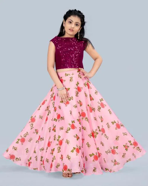 Buy Fashion Dream Girls Pink Floral Printed Tabby Silk Lehenga Choli ...