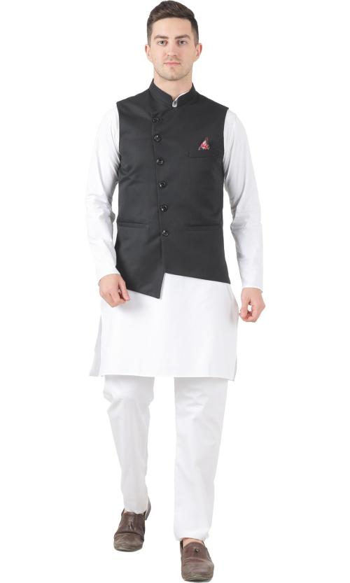 Buy TAHVO Men Black Solid Pure Cotton Kurta, Ethnic Jacket and Pyjama ...