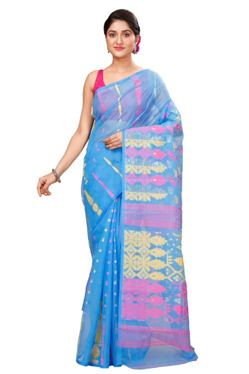 Buy Happy creation Pure Bengali Cotton Tant Jamdani Saree without blouse piece asmani hard ...