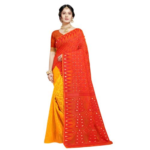 Buy Parvani Woven Jamdani Cotton Silk Saree (Orange, Yellow) Online at Best Prices in India ...