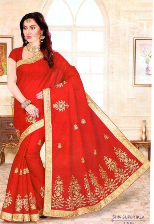 Buy Ranjana Creation Women Red Pure Cotton Embroidered Tant Saree With ...