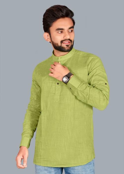 Buy Allan Peter Men's Green Solid Pure Cotton Single Short Kurta Online ...