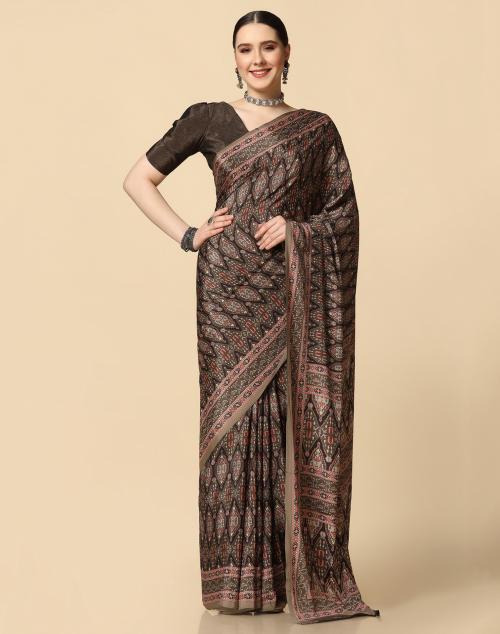 Buy Satrani Crepe & Silk Multicolor & Brown Color Saree with Blouse ...