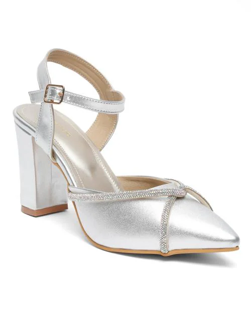Buy PELLE ALBERO Women Silver Embellished Slip-On Block Heels Sandals ...