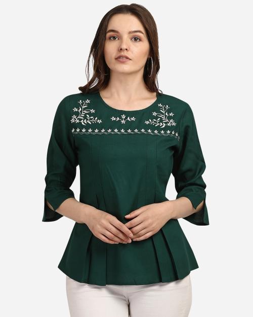 Buy 14 Fab Women Rayon Fabric Embroidered Green Color top For women ...