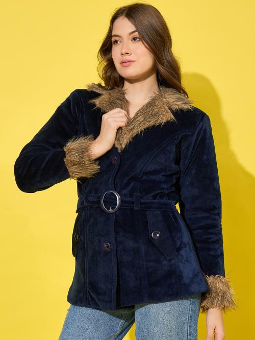 Buy Dimpy Garments Navy Velvet Winter Coat Women Jacket With Soft Fur ...