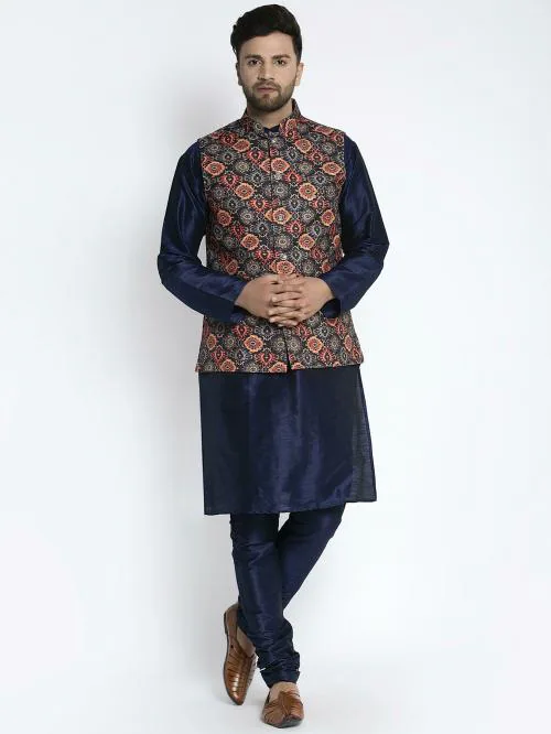 Buy Benstoke Men's Silk Blend Navy Blue Kurta With Pyjama & Black ...