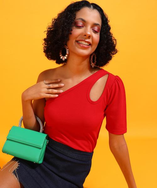 Buy Popwings Women Casual Red Assymtrical One Side Sleeve Crop Top ...