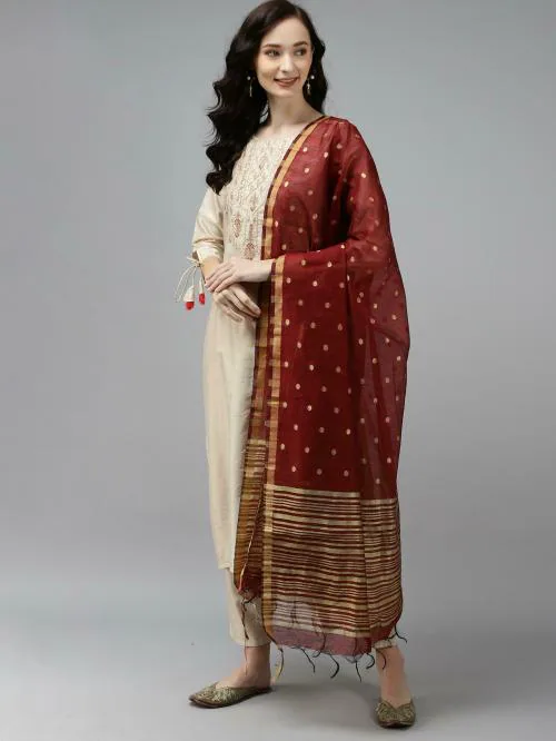 Buy Indo Era Beigh Embroidered Straight Kurta Palazzo With Dupatta Set ...