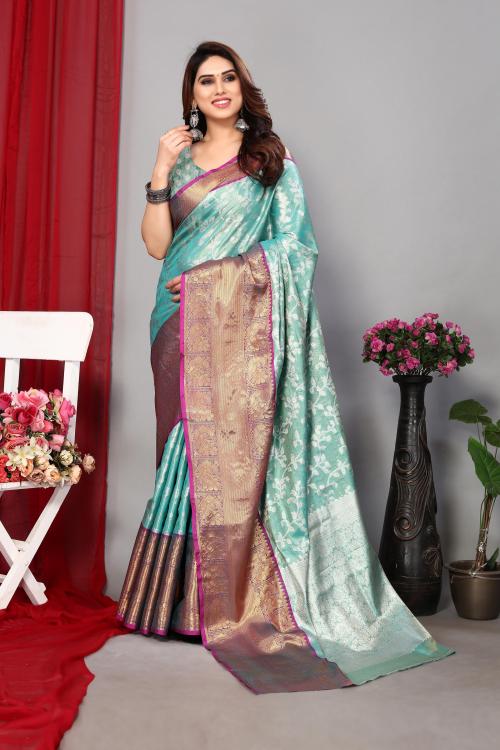 Buy MANGROLIYA IMPEX Women Light Blue Woven Pure Silk Dharmavaram Saree ...