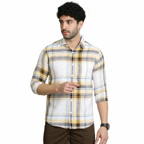 Buy BEVDAAS Mens Sunshine Cord: Yellow Checkered Shirt Online at Best ...