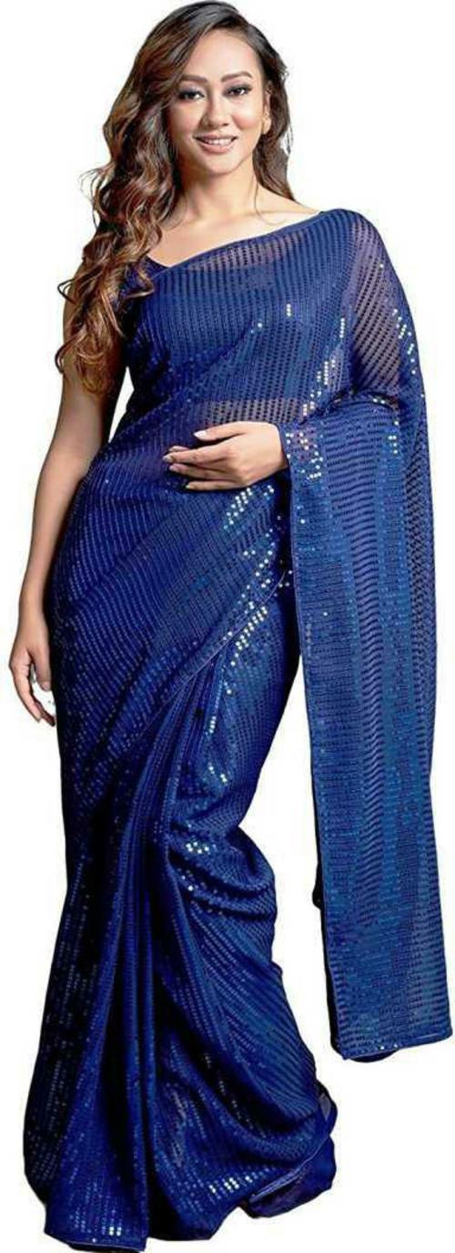 Buy Febo Fashion Women Navy Embellished Georgette Single Saree Online ...