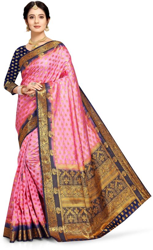 Buy Mansh the stylo..Women Dark Blue, Pink Woven Jacquard Kanjivaram ...
