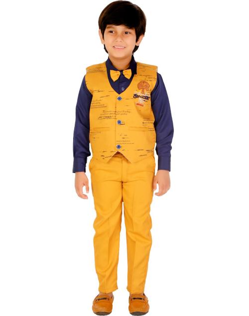 Buy Dkgf Fashion Boys Yellow Text Print Cotton Blend Shirt Trouser ...