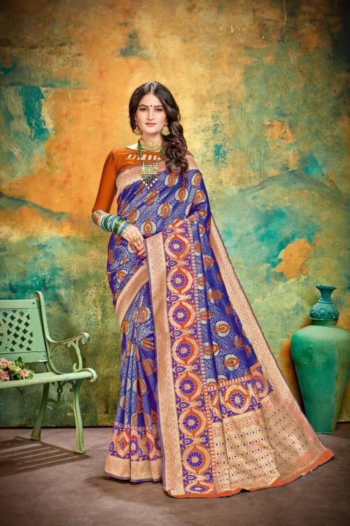 Buy Rabby Women Blue Applique Silk Blend Saree Online at Best Prices in ...