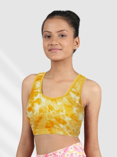 Buy Dchica Yellow Printed Non Padded Broad Strap Sports Bra For Girls ...
