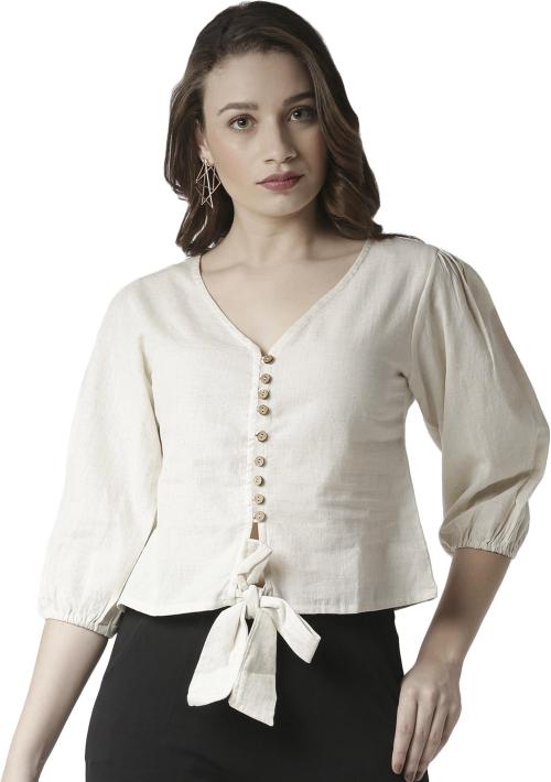 Buy De Moza Women White Solid Cotton Blend Three-Fourth Sleeve Top (Xxl ...