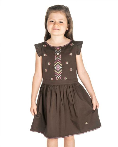 Buy Cherry Crumble by Nitt Hyman Girls Brown Embroidered Cotton Dress ...